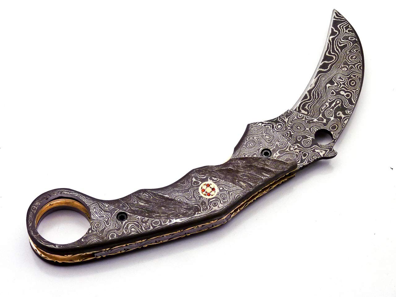 8.5" Handmade Damascus Folding Pocket Knife Karambit Knife Hunting Knife Handle Damascus Steel with Leather Sheath 108, 203