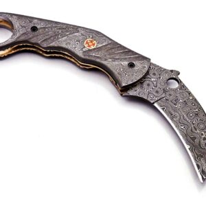 8.5" Handmade Damascus Folding Pocket Knife Karambit Knife Hunting Knife Handle Damascus Steel with Leather Sheath 108, 203