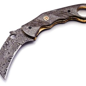 8.5" Handmade Damascus Folding Pocket Knife Karambit Knife Hunting Knife Handle Damascus Steel with Leather Sheath 108, 203