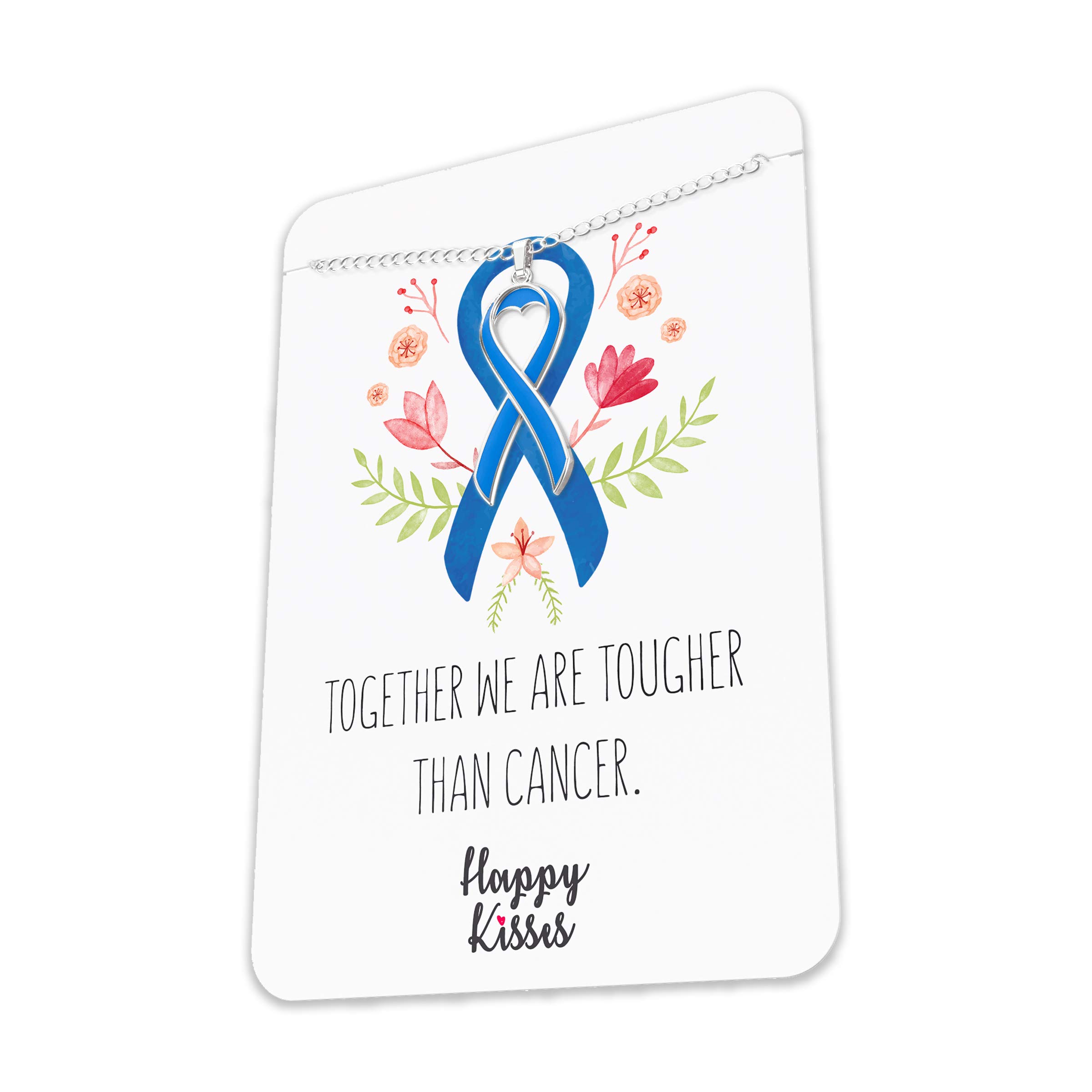 Happy Kisses Cancer Awareness Necklace - Ribbon Pendant, “Together We Are Tougher Than Cancer” - Gift for Women (Dark Blue Colon Cancer)