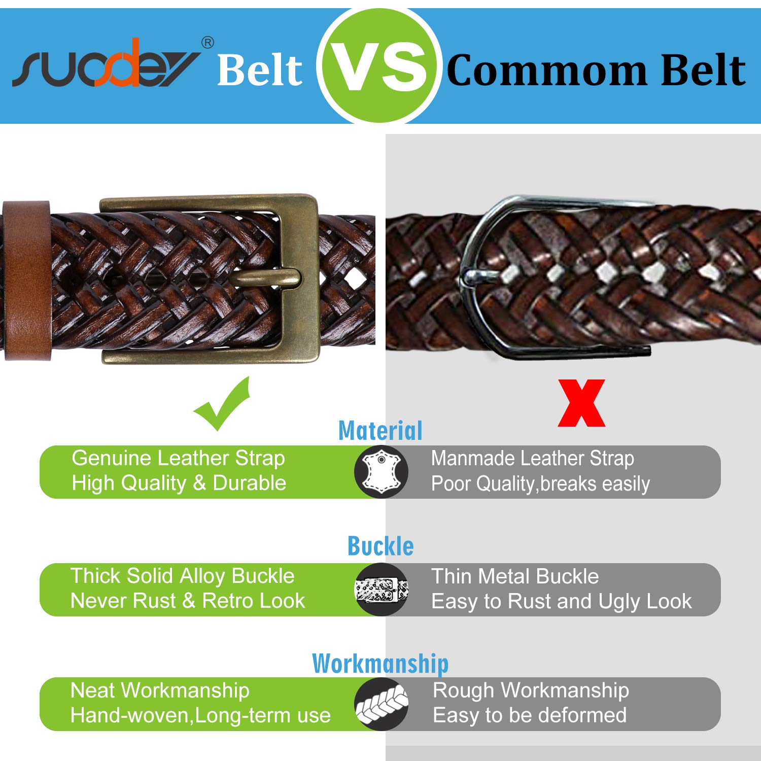 SUOSDEY Mens Braided Leather Belt Cowhide Woven Leather Belt for Casual Jeans Pants with Solid Prong Buckle,tan