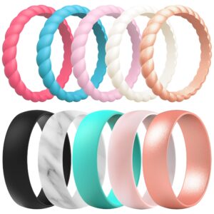 thunderfit silicone wedding rings for women, swivel and round 10 mixed rubber engagement bands (size 5.5-6 (16.5mm))