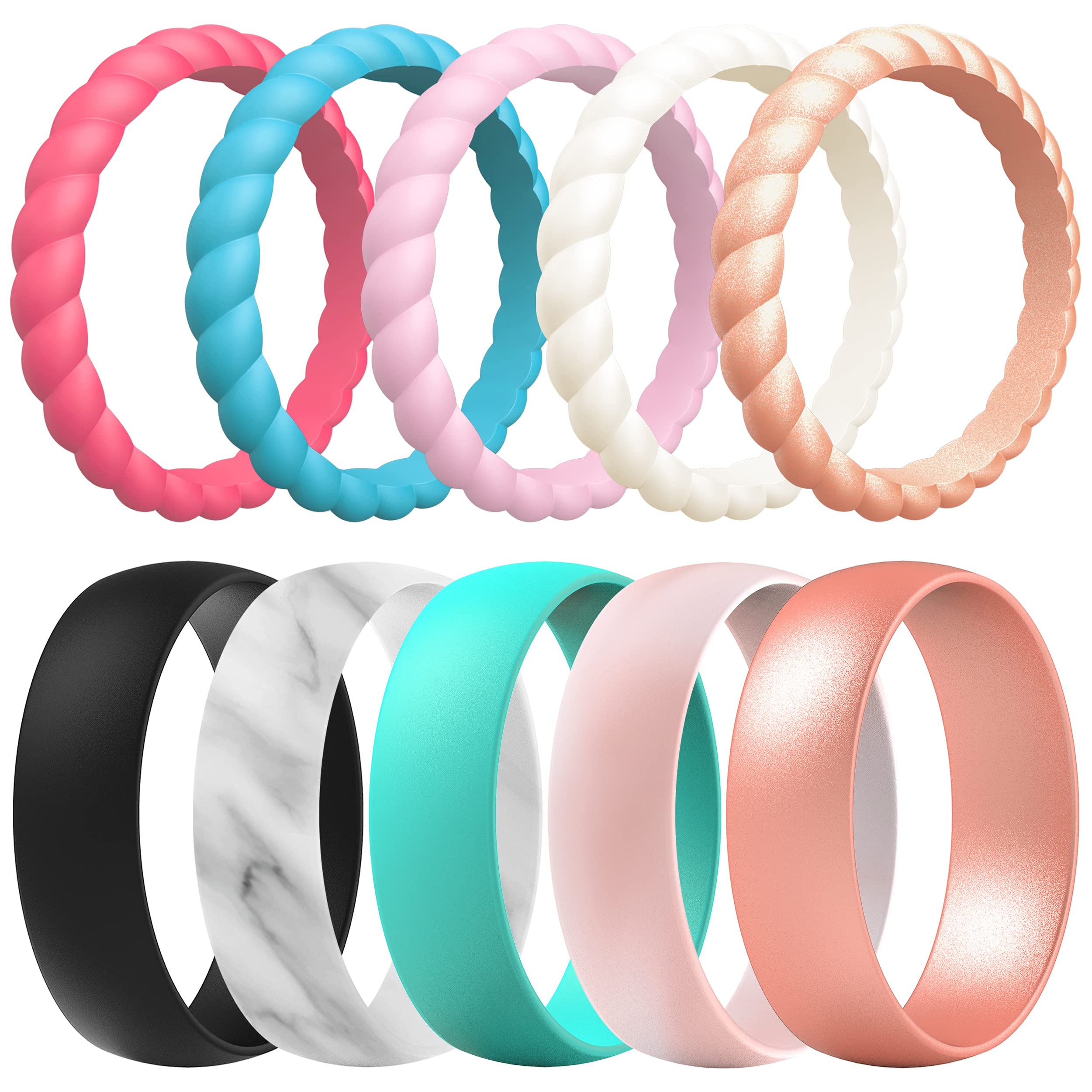 ThunderFit Silicone Wedding Rings for Women, Swivel and Round 10 Mixed Rubber Engagement Bands (Size 5.5-6 (16.5mm))