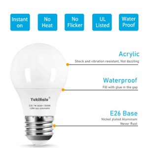 YukiHalu, A15 Appliance Light Bulb, 60W Equivalent for Range Hood/Refrigerator Light Bulb/Ceiling Fan Light, 600 Lumens 7W 120V 5000K Daylight E26 Base, Waterproof, Not Dim