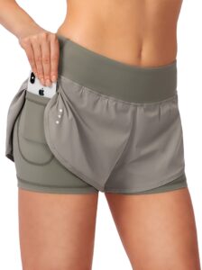 soothfeel women's 2 in 1 running shorts workout athletic gym yoga shorts for women with pockets green