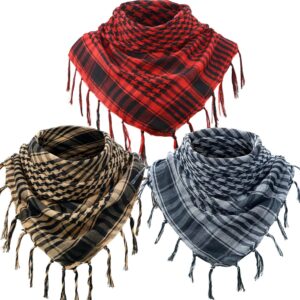 satinior 3 pcs shemagh keffiyeh head neck scarf turban unisex arab plaid fringe scarves with tassel for outdoor camping accessory(red, sand color, grey)