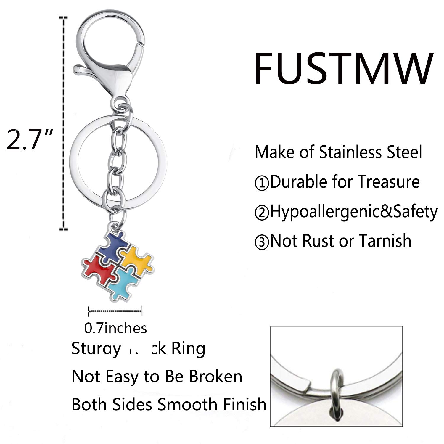 FUSTMW Autism Awareness Keychain Gifts for Autistic Colorful Puzzle Piece Key Ring Set of 2 (Autism Awareness Keychain Set)