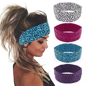 dresbe boho yoga headbands leopard print hair bands stretchy head wraps elastic hair accessories for women and girls(pack of 4)