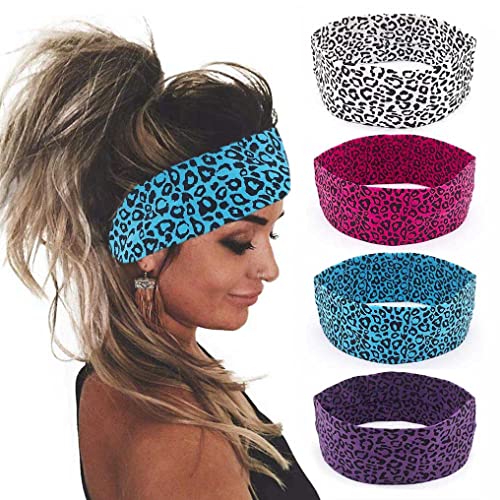 DRESBE Boho Yoga Headbands Leopard Print Hair Bands Stretchy Head Wraps Elastic Hair Accessories for Women and Girls(Pack of 4)