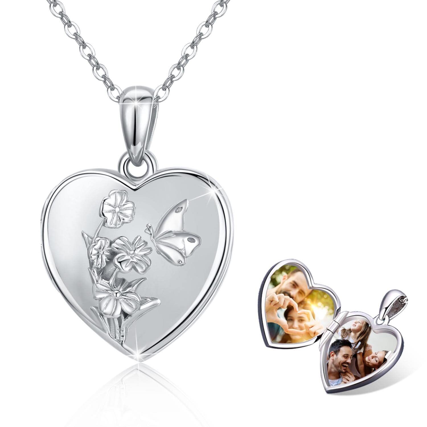 Butterfly Heart Locket Necklace That Hold 2 Photos, 925 Sterling Silver 3D Butterfly with Flowers Blooming Locket Necklace, silver, not known