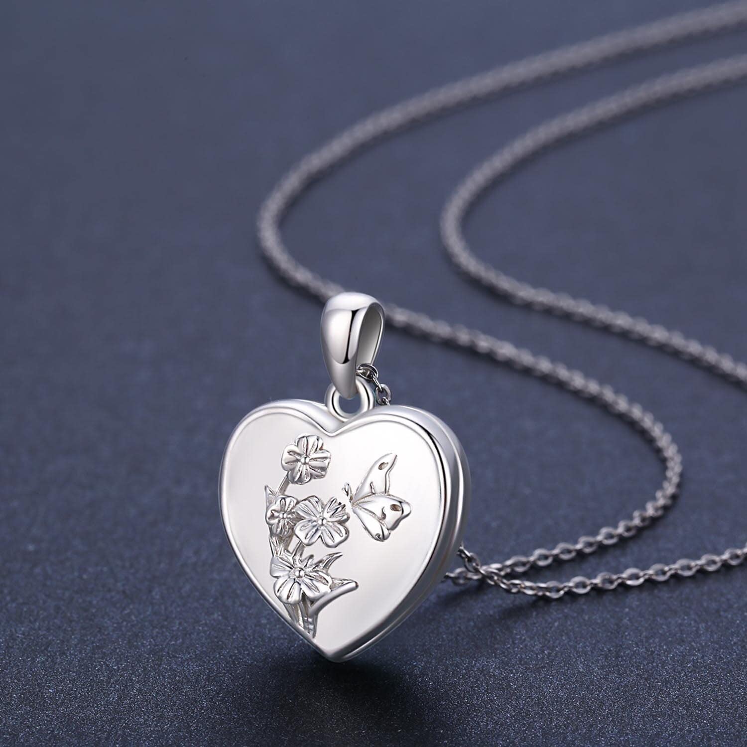 Butterfly Heart Locket Necklace That Hold 2 Photos, 925 Sterling Silver 3D Butterfly with Flowers Blooming Locket Necklace, silver, not known