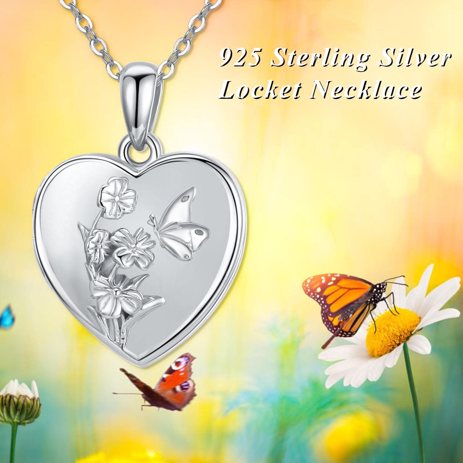 Butterfly Heart Locket Necklace That Hold 2 Photos, 925 Sterling Silver 3D Butterfly with Flowers Blooming Locket Necklace, silver, not known