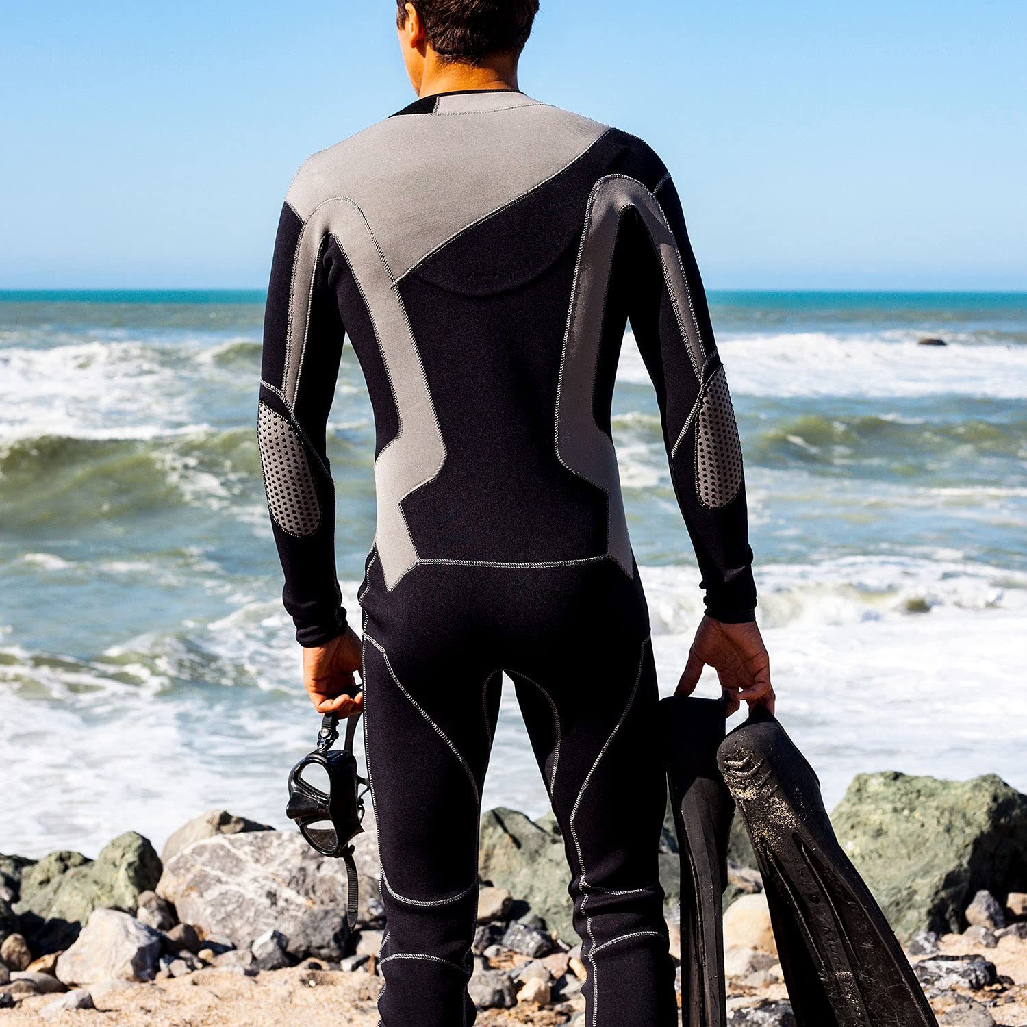 Aqua Polo Manta Ray Wetsuit for Men | Scuba Diving | 3 mm SC Neoprene | 4-Way Super Stretch | Neck Cuff Ankle Gaskets (Black/Grey, S Tall)