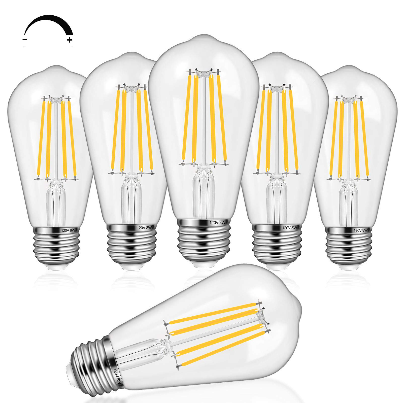 6-Pack 8W Dimmable Edison LED Light Bulbs 100W Equivalent, Vintage ST64/ST21 LED Filament Bulbs with 1000LM, 3000K Soft Warm White Lighting, E26 Medium Base Clear Glass for Home, Office, Restaurant