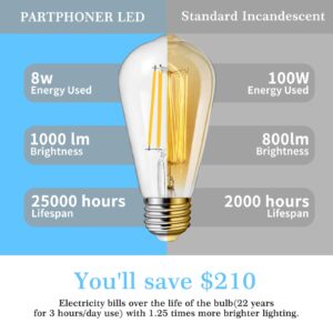 6-Pack 8W Dimmable Edison LED Light Bulbs 100W Equivalent, Vintage ST64/ST21 LED Filament Bulbs with 1000LM, 3000K Soft Warm White Lighting, E26 Medium Base Clear Glass for Home, Office, Restaurant