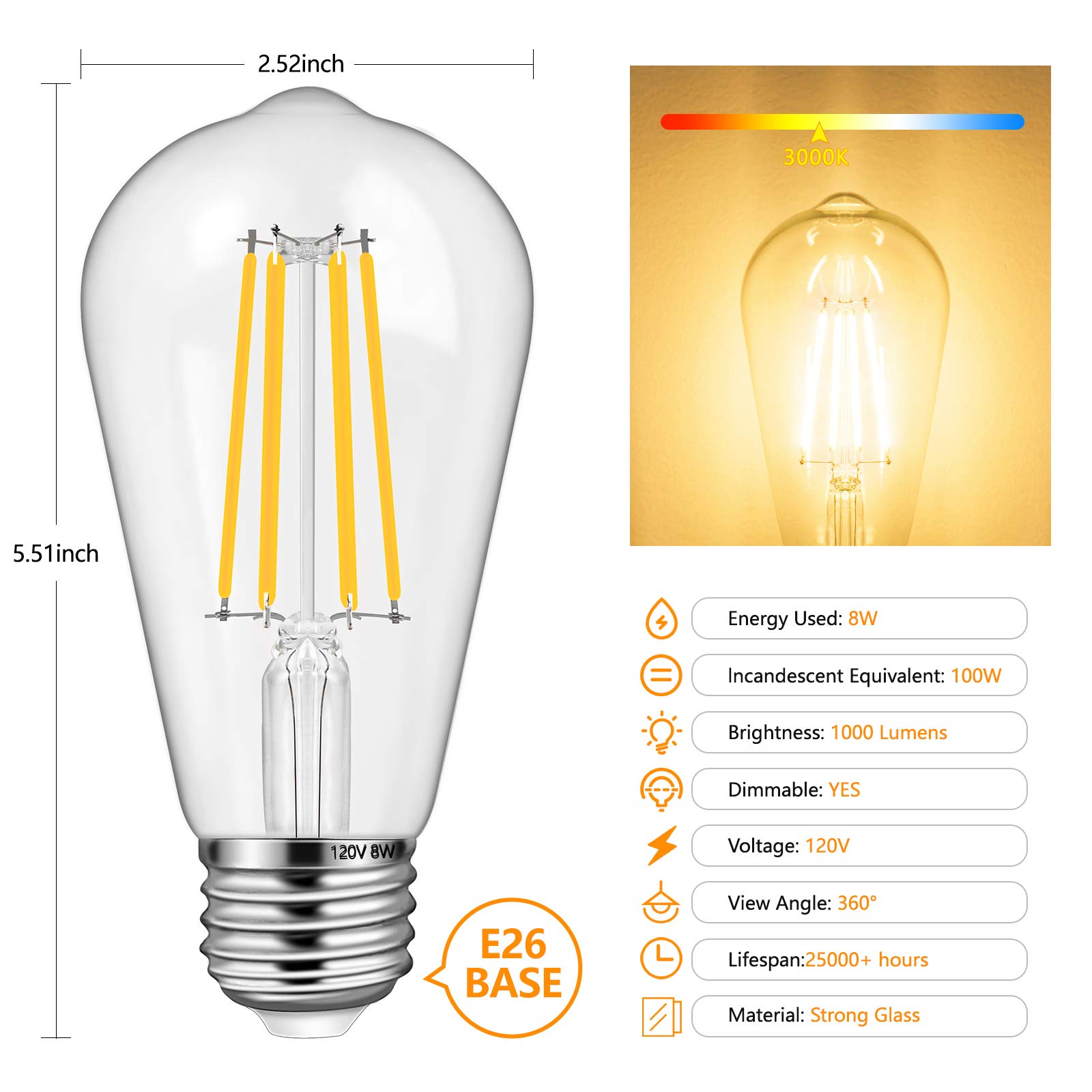 6-Pack 8W Dimmable Edison LED Light Bulbs 100W Equivalent, Vintage ST64/ST21 LED Filament Bulbs with 1000LM, 3000K Soft Warm White Lighting, E26 Medium Base Clear Glass for Home, Office, Restaurant