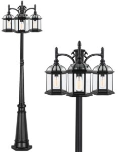 aluminum outdoor lamp post birdcage, hardwired street light post for outside, 3-head pole light modern lamp post outdoor lighting with clear glass panels for garden patio backyard walkway driveway