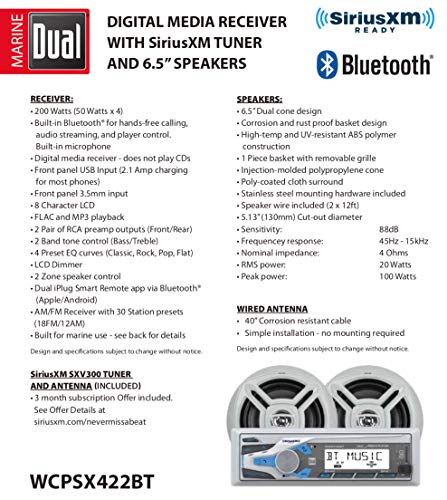 Dual Electronics WCPSX422BT Marine Stereo LCD Single DIN | Marine Radio with Built-in Bluetooth | SiriusXM SXV300 Tuner | Two 6.5-inch Dual Cone Marine Speakers and Marine Antenna