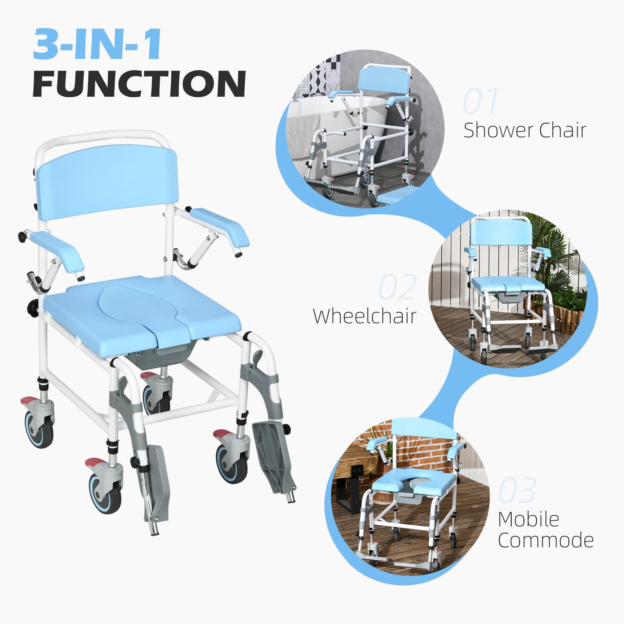 HOMCOM Accessibility Commode Wheelchair, Rolling Shower Wheelchair with 4 Castor Wheels, Rectangle Detachable Bucket, & Waterproof Design, 17" Seat Width, Blue