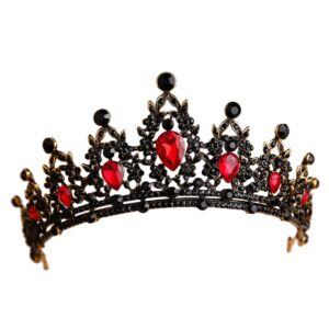 lurrose baroque bride crowns black rhinestones gothic chic tiaras vintage crystal queen princess crown headpieces headband for wedding prom halloween pageant (red)