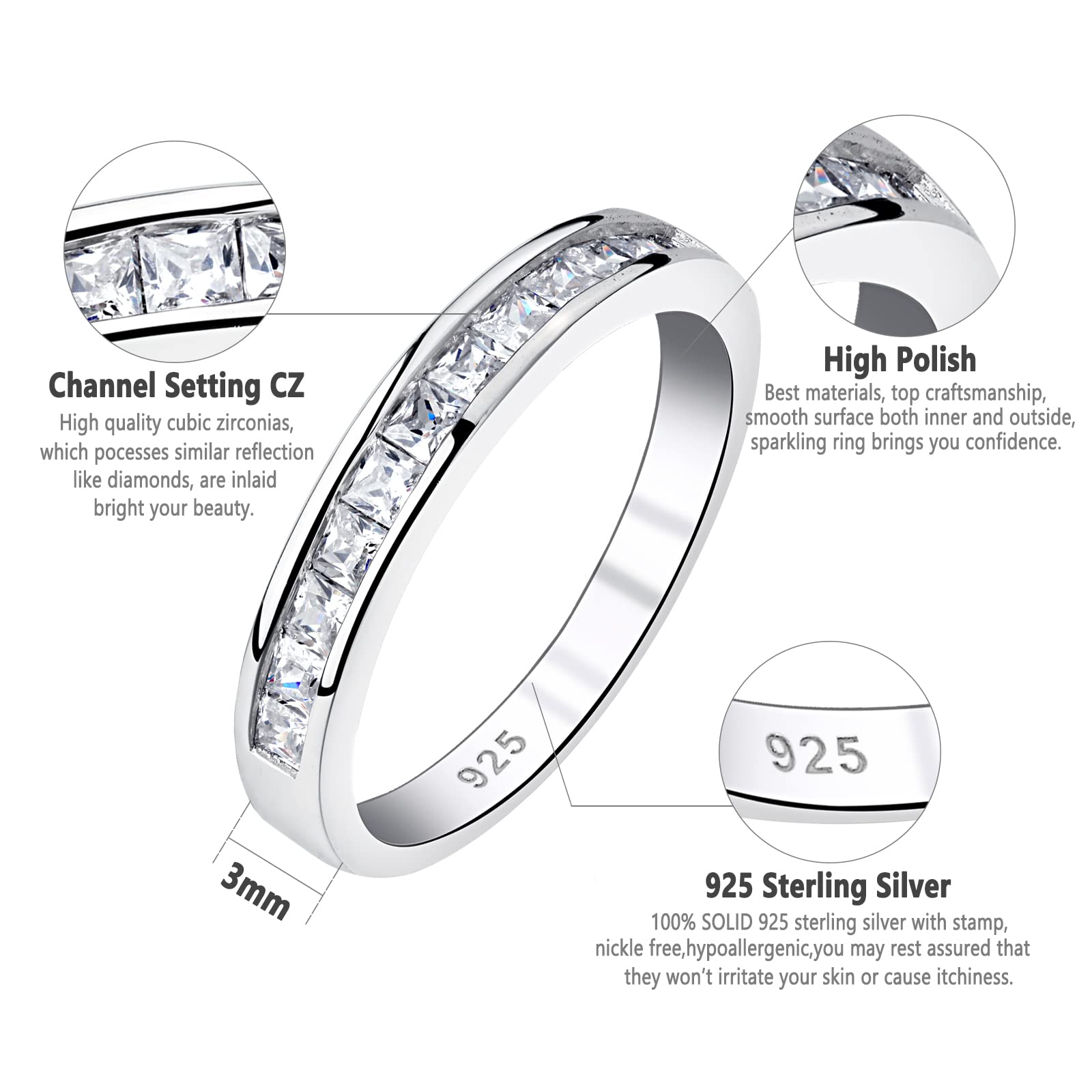 Newshe Jewellery Wedding Bands Eternity Rings for Women AAAAA Cubic Zirconia Princess 925 Sterling Silver Size 5.5