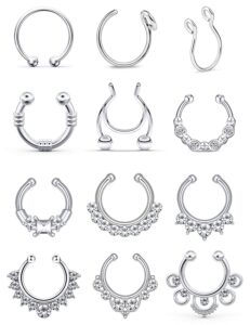 jenxnjsjo fake septum piercing rings non pierced faux piercings jewelry for women men round sun stainless steel clip on fakes septums nose ring hoop cuffs