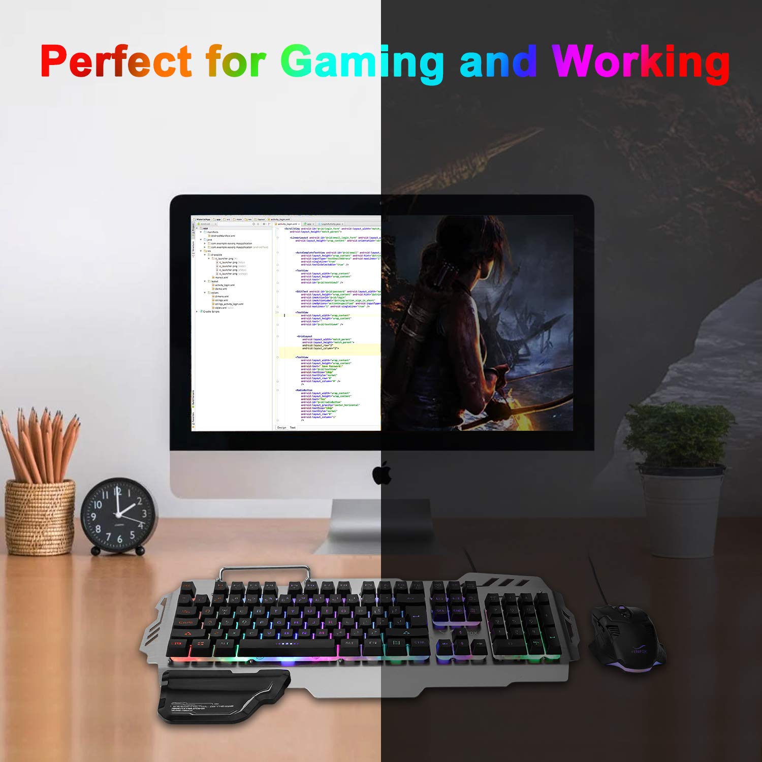 Wired Keyboard and Mouse Combo - Rainbow Keyboard Ergonomic Mechanical Feeling Colorful Led Light Up Keyboard Mouse