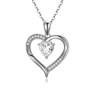 14k solid gold heart necklace for her, white gold "love you forever" crystal heart pendant jewelry love gift for mom/wife/girlfriend 16"-18"