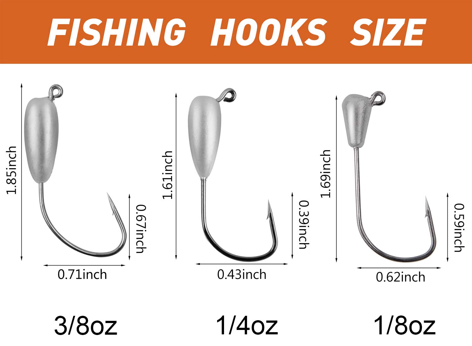 Fishing Jig Head Hooks - 12/24pcs Fishing Tube Jig Heads Hooks Unpainted Water Drop Tube Baits Jig Hooks Worm Bait for Bass, Freshwater Saltwater Fishing Jigs Size 1/8 oz,1/4 oz,3/8oz