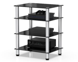 fitueyes 4-tier media stand audio/video component cabinet with glass shelf for/apple tv/xbox one/ps4 panda silver color