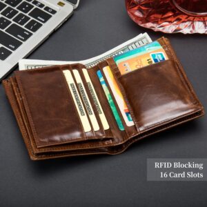 Mens Leather Bifold RFID Vertical Wallet Extra Large Capacity Card Holder with 16 Slots and ID Window Brown