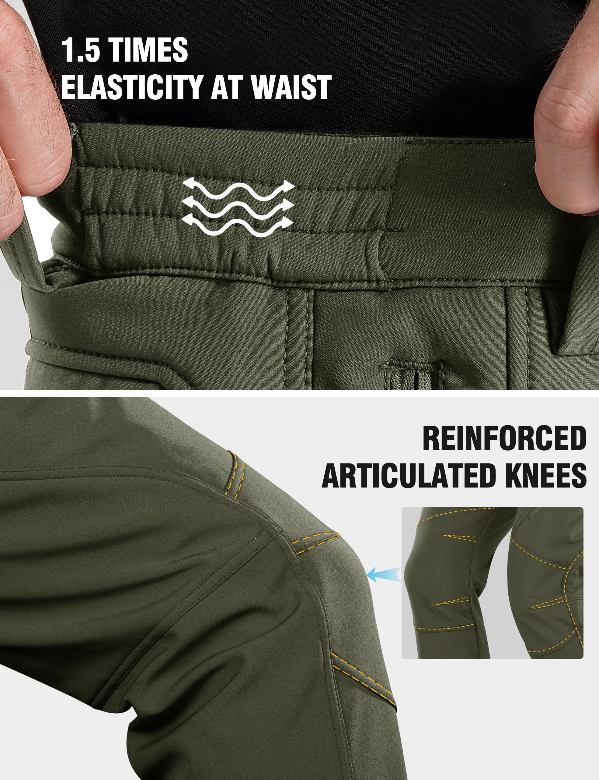 FREE SOLDIER Men's Fleece Lined Outdoor Cargo Hiking Pants Water Repellent Softshell Snow Ski Pants with Zipper Pockets (Army Green 40W x 32L)