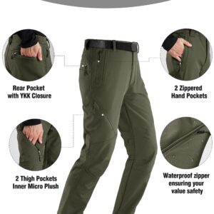 FREE SOLDIER Men's Fleece Lined Outdoor Cargo Hiking Pants Water Repellent Softshell Snow Ski Pants with Zipper Pockets (Army Green 40W x 32L)