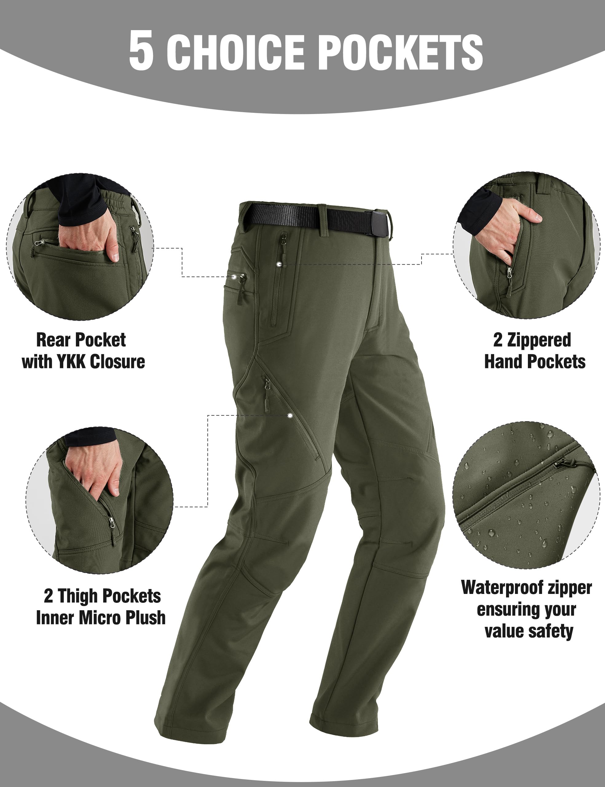 FREE SOLDIER Men's Fleece Lined Outdoor Cargo Hiking Pants Water Repellent Softshell Snow Ski Pants with Zipper Pockets (Army Green 40W x 32L)