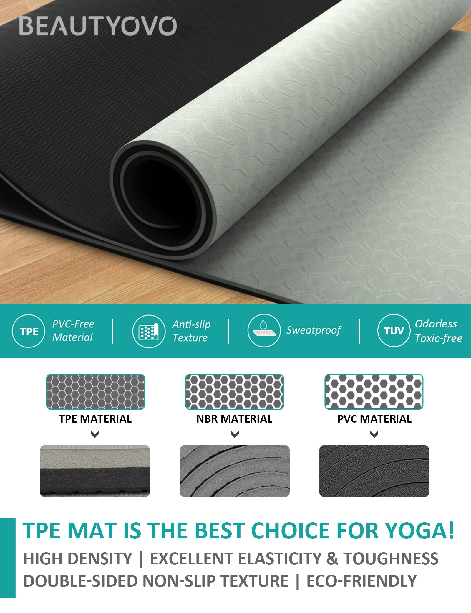 Yoga Mat with Strap, 1/3 Inch Extra Thick Yoga Mat Double-sided Non Slip, Professional TPE Yoga Mats for Women Men, Workout Mat for Yoga, Pilates and Floor Exercises