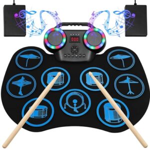 electronic drum set, portable roll-up drum practice pad, 9 pad digital drum kit, built-in dual stereo speakers, bluetooth wireless electric drums for kids adults beginner holiday birthday gift