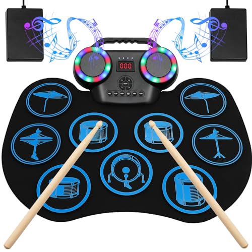 Electronic Drum Set, Portable Roll-Up Drum Practice Pad, 9 Pad Digital Drum Kit, Built-in Dual Stereo Speakers, Bluetooth Wireless Electric Drums for Kids Adults Beginner Holiday Birthday Gift