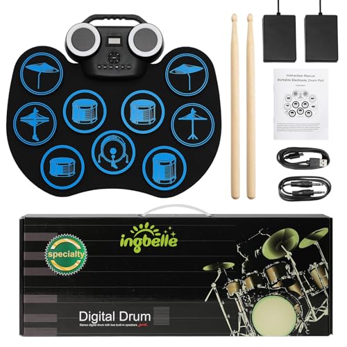 Electronic Drum Set, Portable Roll-Up Drum Practice Pad, 9 Pad Digital Drum Kit, Built-in Dual Stereo Speakers, Bluetooth Wireless Electric Drums for Kids Adults Beginner Holiday Birthday Gift