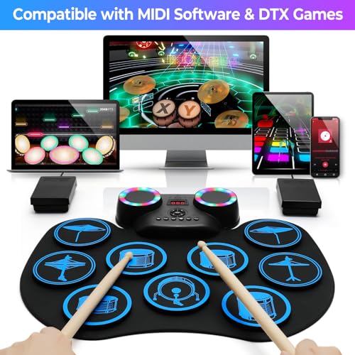 Electronic Drum Set, Portable Roll-Up Drum Practice Pad, 9 Pad Digital Drum Kit, Built-in Dual Stereo Speakers, Bluetooth Wireless Electric Drums for Kids Adults Beginner Holiday Birthday Gift