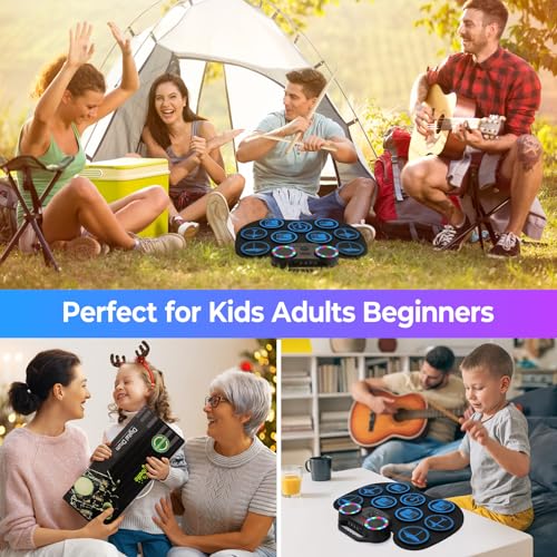 Electronic Drum Set, Portable Roll-Up Drum Practice Pad, 9 Pad Digital Drum Kit, Built-in Dual Stereo Speakers, Bluetooth Wireless Electric Drums for Kids Adults Beginner Holiday Birthday Gift