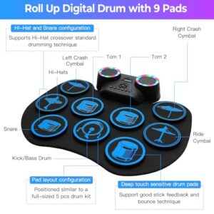 Electronic Drum Set, Portable Roll-Up Drum Practice Pad, 9 Pad Digital Drum Kit, Built-in Dual Stereo Speakers, Bluetooth Wireless Electric Drums for Kids Adults Beginner Holiday Birthday Gift