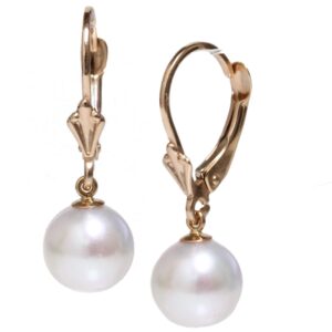 akoya cultured pearl earrings for women with 14k rose gold fleur de lis leverbacks in aaa hanadama quality (8.5-9.0mm)