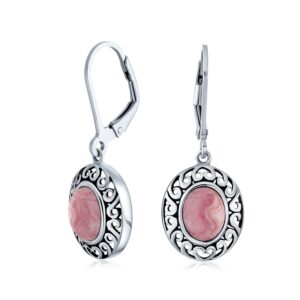 3ct natural pink rhodochrosite dome oval western style bezel set lever back dangle earrings for women .925 sterling silver