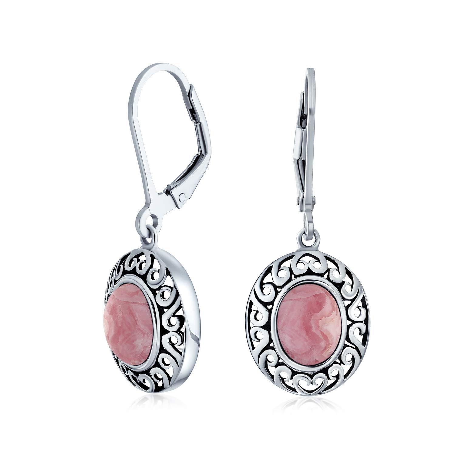 3Ct Natural Pink Rhodochrosite Dome Oval Western Style Bezel Set Lever Back Dangle Earrings For Women .925 Sterling Silver