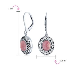 3Ct Natural Pink Rhodochrosite Dome Oval Western Style Bezel Set Lever Back Dangle Earrings For Women .925 Sterling Silver