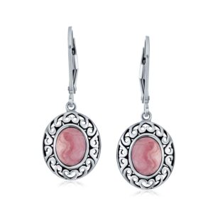 3Ct Natural Pink Rhodochrosite Dome Oval Western Style Bezel Set Lever Back Dangle Earrings For Women .925 Sterling Silver