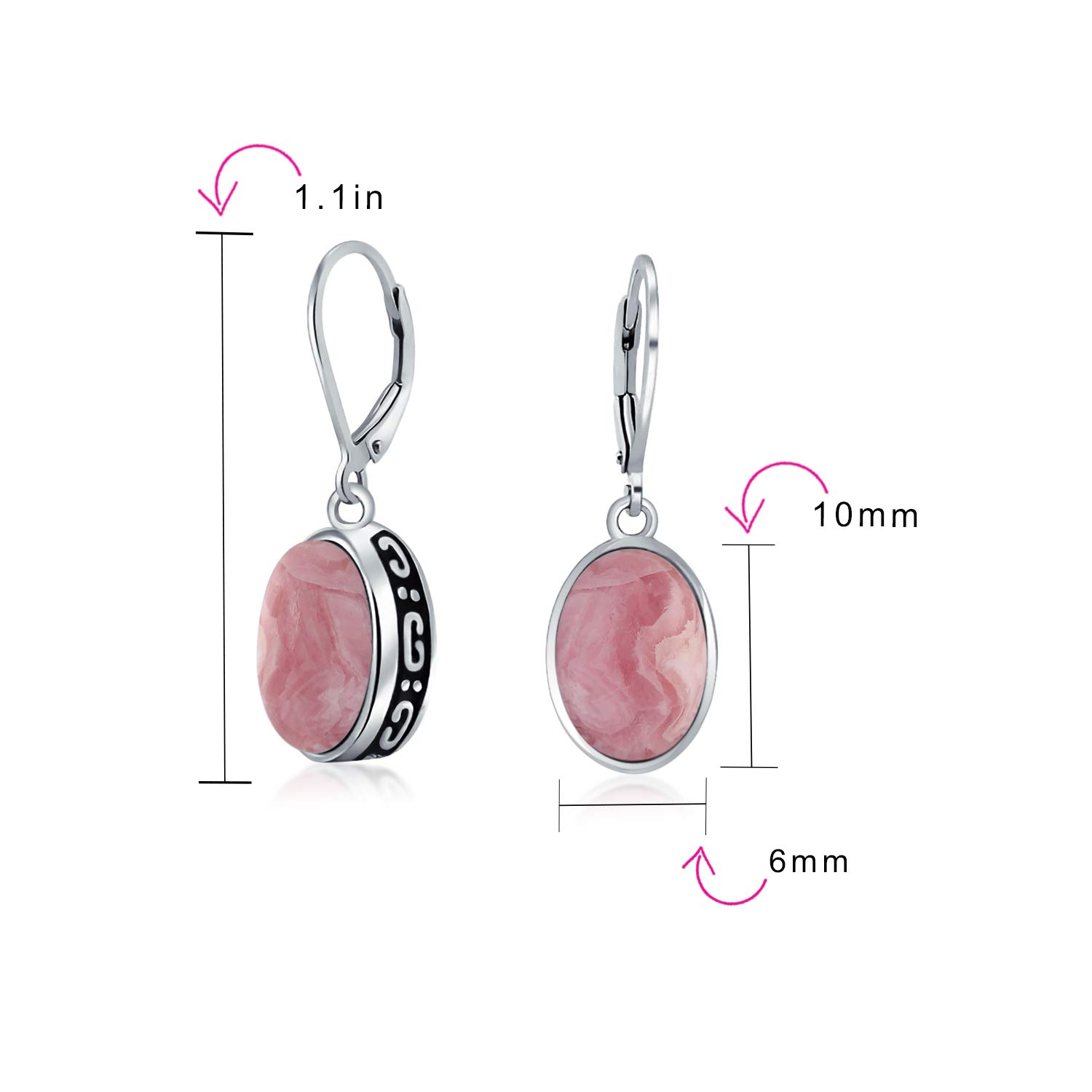 3Ct Natural Pink Rhodochrosite Dome Oval Western Style Bezel Set Lever Back Dangle Earrings For Women .925 Sterling Silver