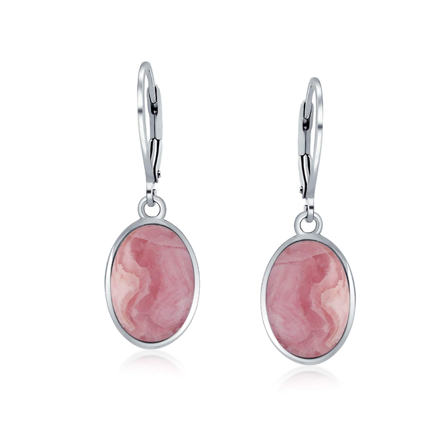 3Ct Natural Pink Rhodochrosite Dome Oval Western Style Bezel Set Lever Back Dangle Earrings For Women .925 Sterling Silver