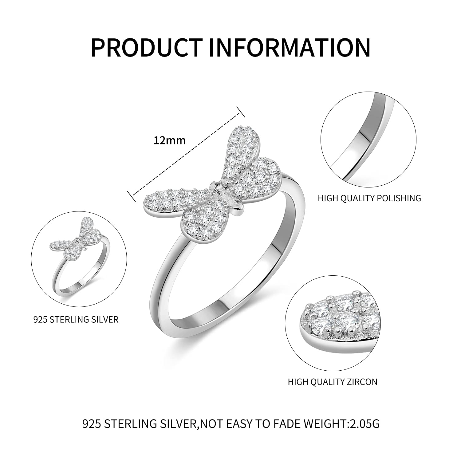 Kemstone Sterling Silver Dainty Butterfly CZ Ring Women Fashion Jewelry Gold/Silver Rings Size 5-9 (silver, 7)