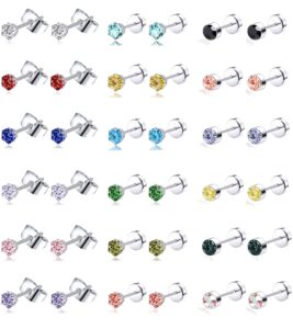 tornito 20g 18 pairs stainless steel multicolor cz stud earrings set piercing cartilage helix earrings set screwback for women 3mm-5mm